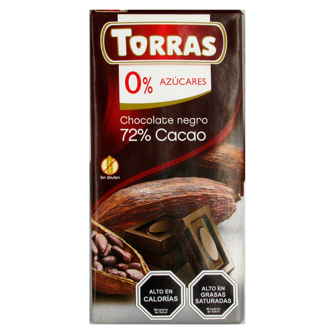 Barra de Chocolate 72% Cacao, sin azucar añadida y sin gluten, 75 grs ...