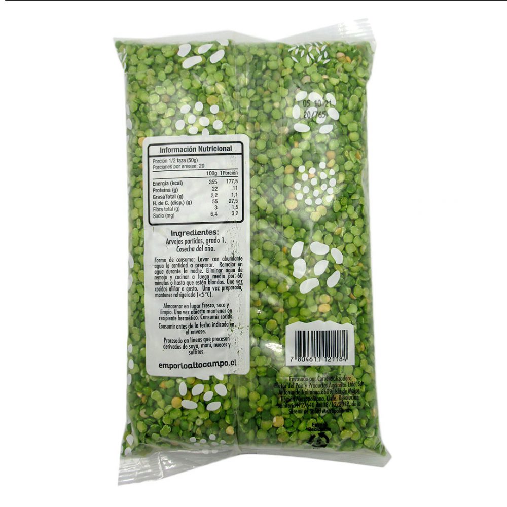 Arvejas Verdes partidas, 1 kg, marca Alto Campo | Tremus