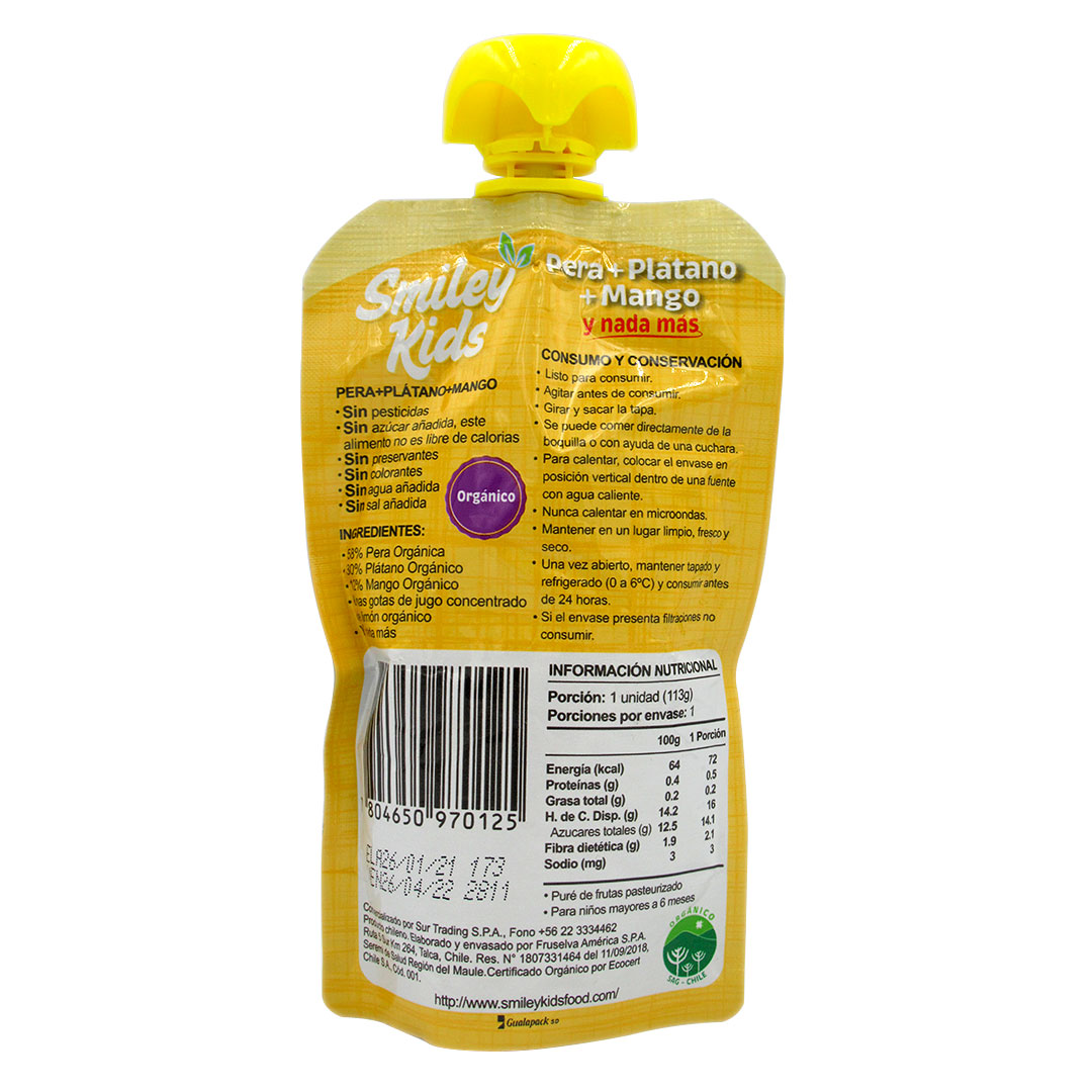 Pure de Frutas Organico, Sin Gluten, Pera, Platano y Mango ,113 Grs ...