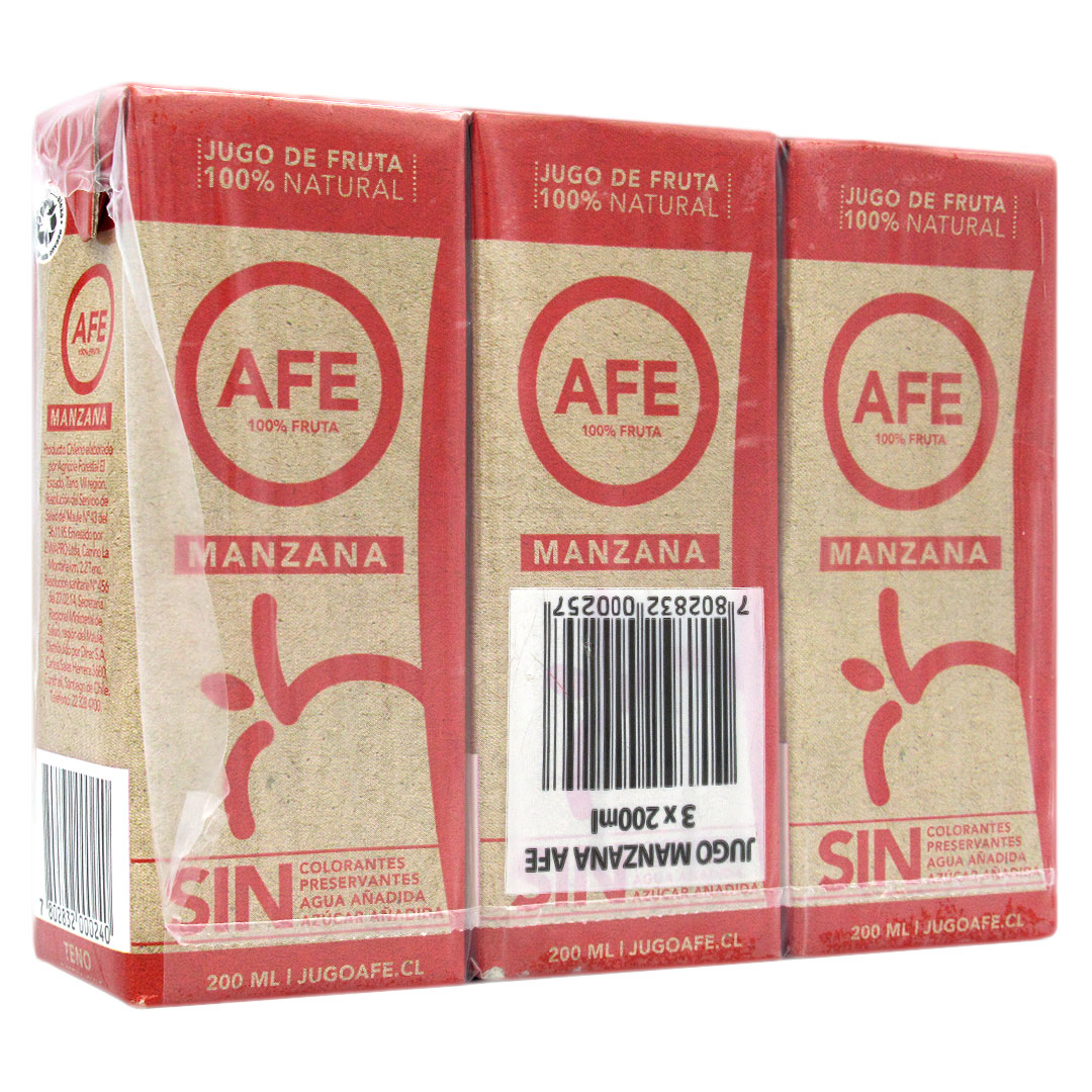 Pack 3 Jugos de Manzana Tetra, 100 % Fruta, 200 ml c/u, Marca AFE | Tremus