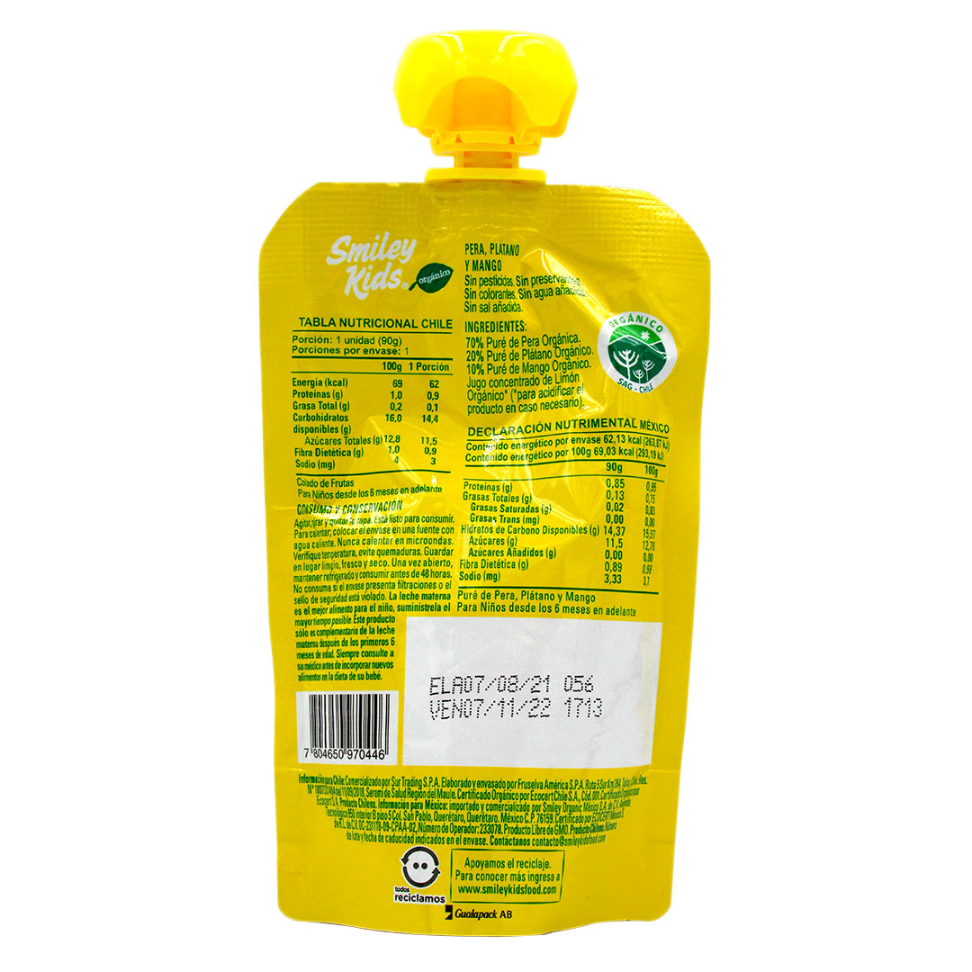 Pure de Frutas Organico Sin Gluten Pera Platano y Mango 90 Grs Marca ...