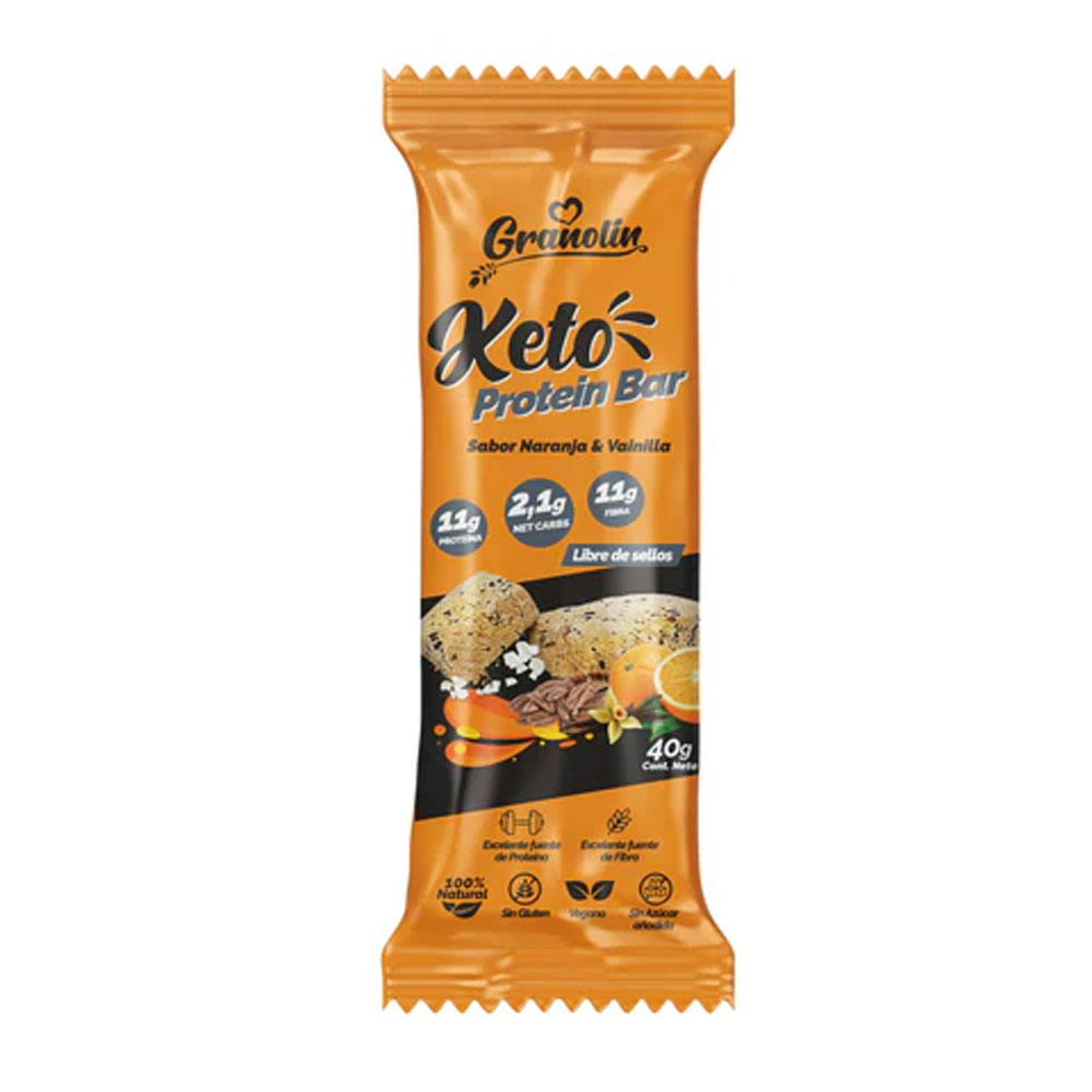 Barra de Proteina Keto, Sabor Naranja Vainilla, Vegano, Sin Gluten, 40g, Marca Granolin - Tremus